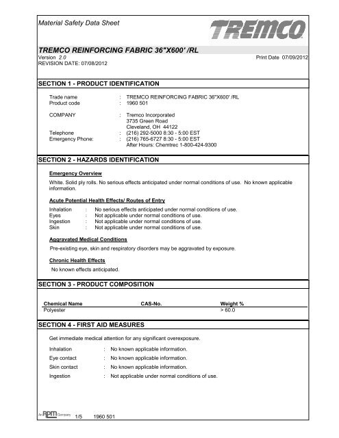 Tremco Reemay 2014 MSDS - Tremco Sealants