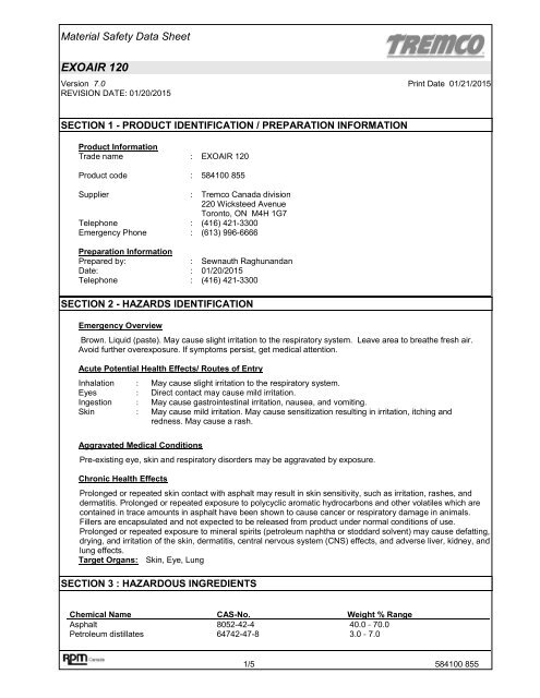 ExoAir 120 SP MSDS (CAN) - Tremco Sealants