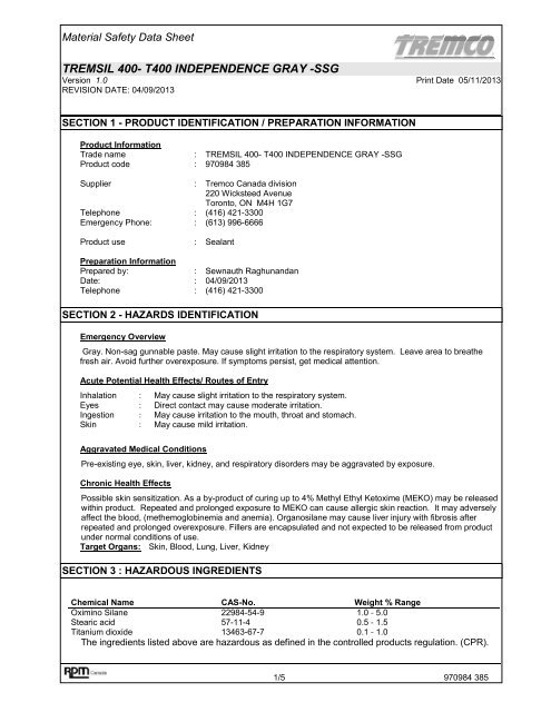TREMSIL 400- T400 INDEPENDENCE GRAY -SSG - Tremco Sealants