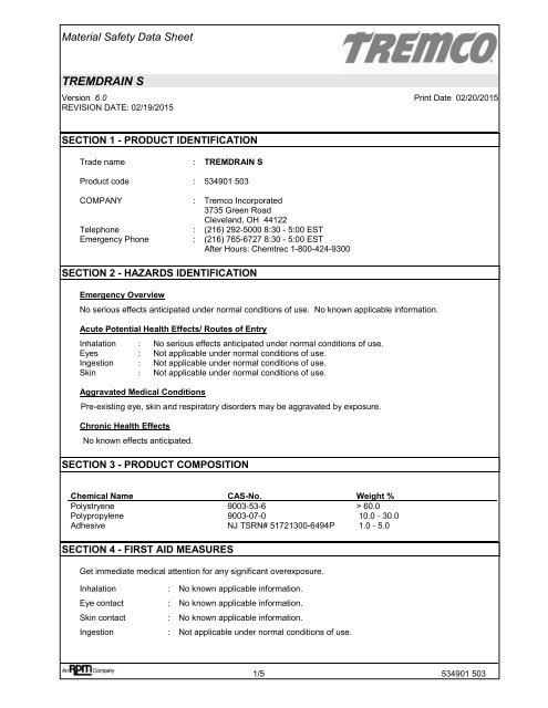 TREMDrain S MSDS - Tremco Sealants