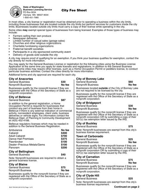 City License Fee Sheet - Business Licensing Service
