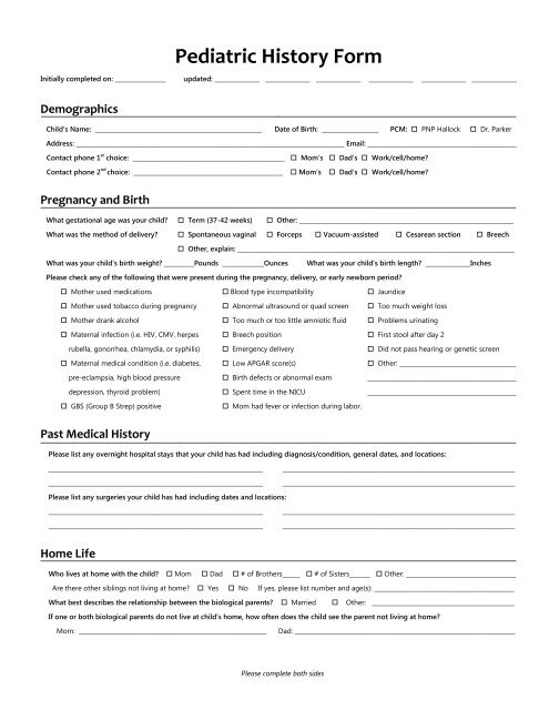 Pediatric Health Form