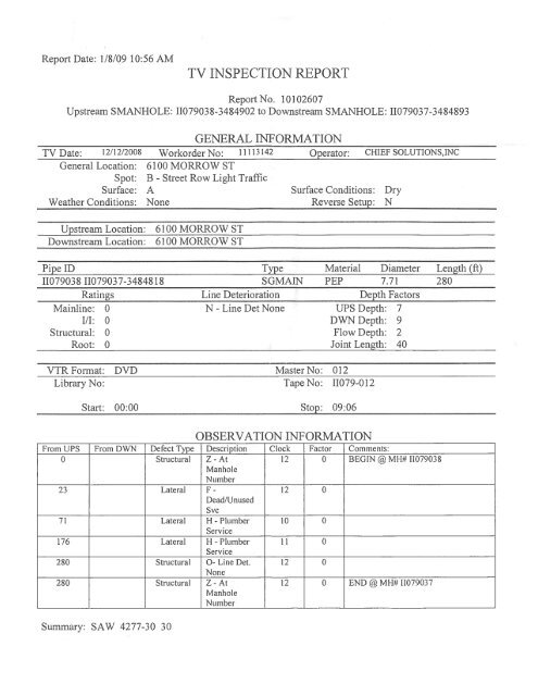 Report Date: 1/8/09 10:56 AM TV INSPECTION REPORT Report No ...