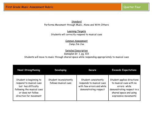 First Grade Music Assessment Rubric
