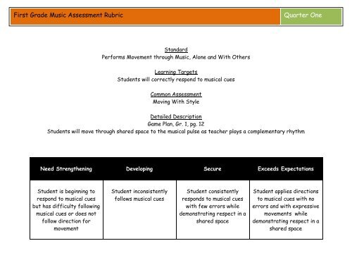First Grade Music Assessment Rubric