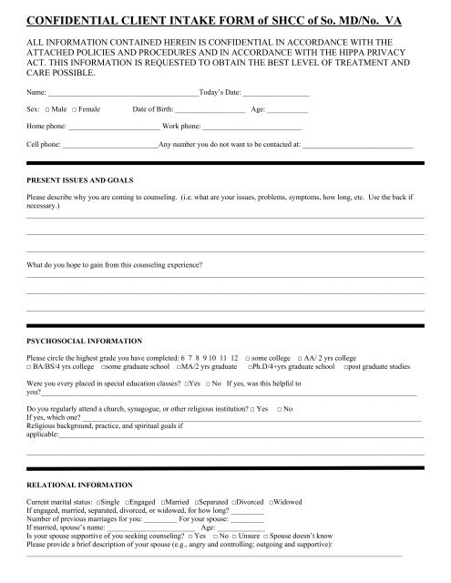 confidential client intake form - Life Christian Counseling Network