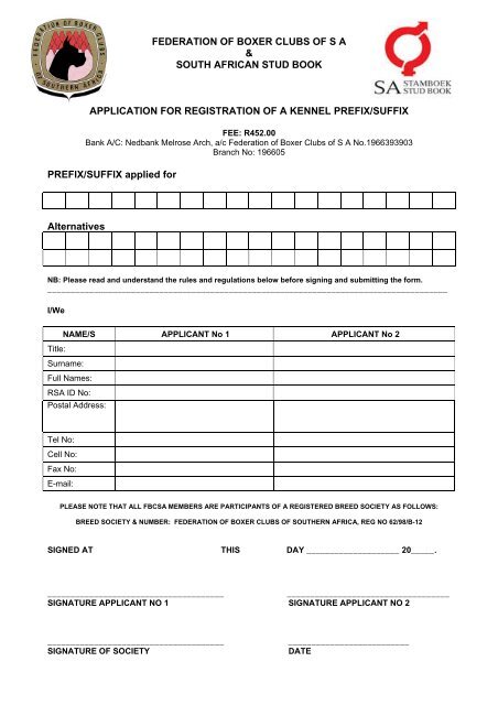 Prefix Application Form - Federation of Boxer Clubs of Southern Africa