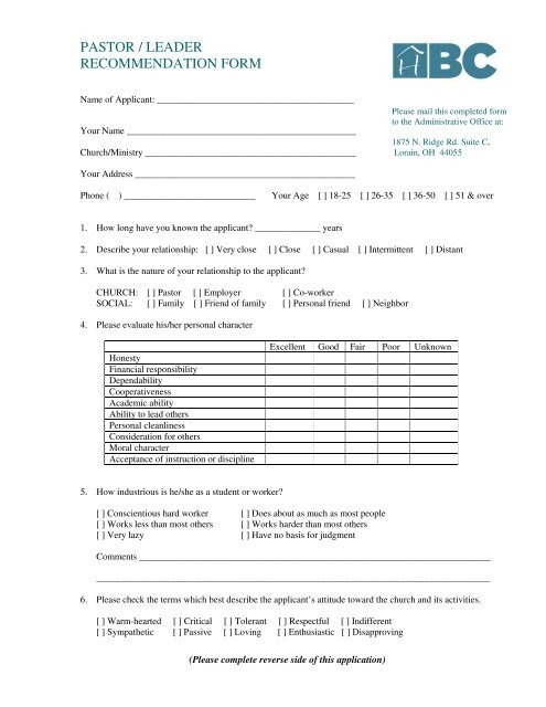 Pastors/Leader Recommendation Form (Download) - The House of ...