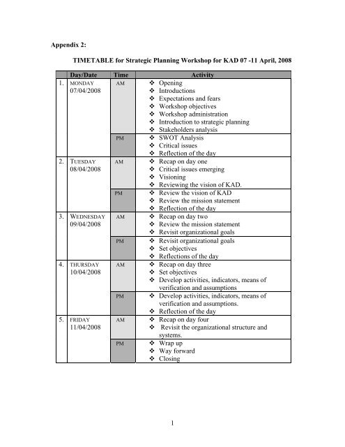 TIMETABLE for Strategic Planning Workshop for KAD 07