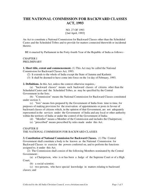 the national commission for backward classes act ... - Indian Christians