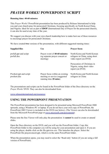 Prayer Works script (full) - Release International