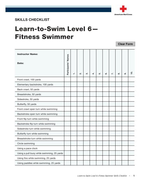 Skills Checklists Learn To Swim Level 6â Fitness Swimmer
