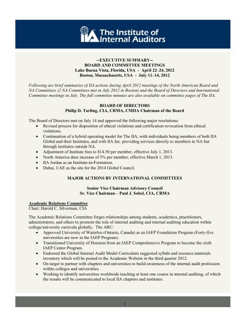 --EXECUTIVE SUMMARY-- BOARD AND COMMITTEE MEETINGS ...