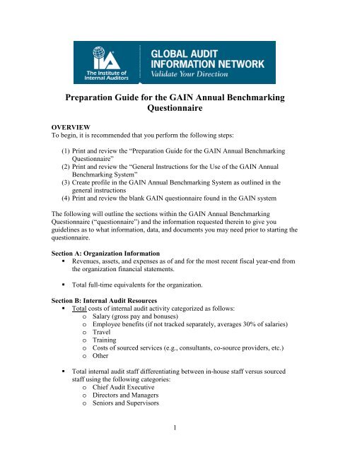 Preparation Guide for the GAIN Annual Benchmarking Questionnaire