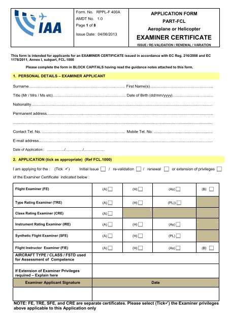Part FCL Examiner Application Form - RPPL - F 400a - Irish Aviation ...