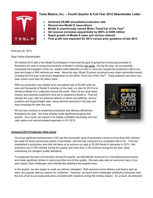 Tesla Motors, Inc. - Fourth Quarter 2012 Shareholder Letter