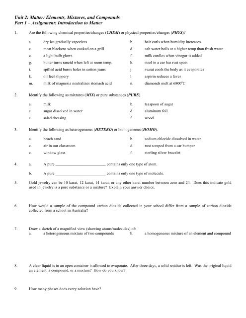 Unit 2 - Honors Chemistry Coursework