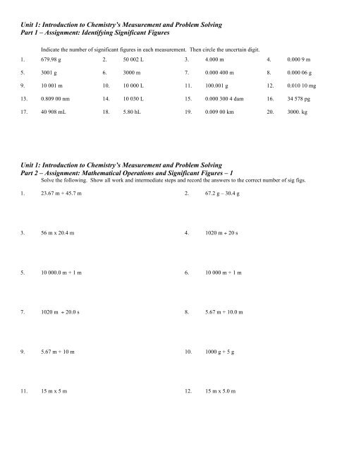 Unit 1 Assignments - Honors Chemistry Coursework