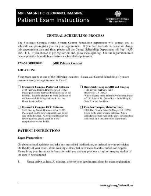 Patient Exam Instructions - Southeast Georgia Health System
