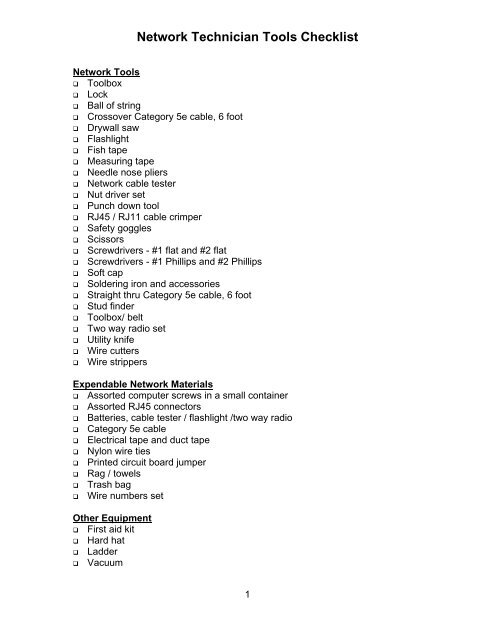 Network Technician Tool Checklist - World Class CAD Home