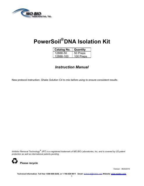 PowerSoil DNA Isolation Kit - MO BIO Laboratories