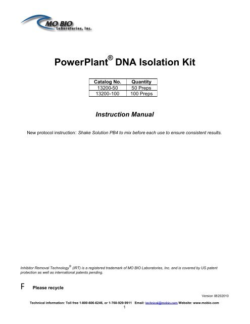 PowerPlant DNA Isolation Kit - MO BIO Laboratories