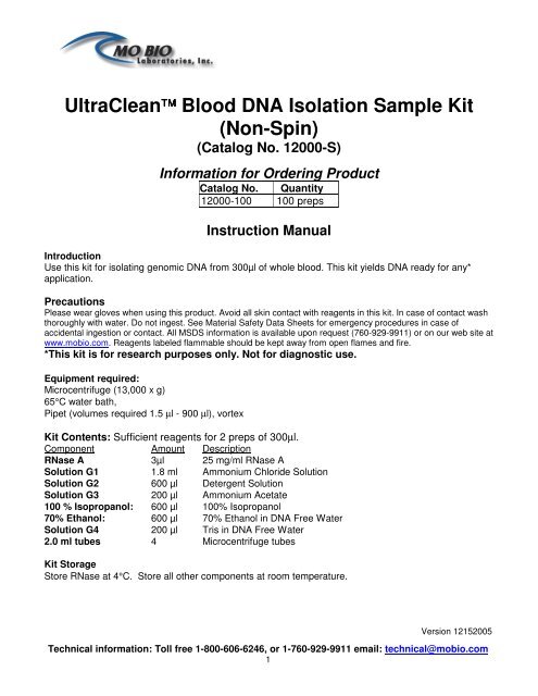 UltraCleanâ ¢ Blood DNA Isolation Sample Kit - MO BIO Laboratories