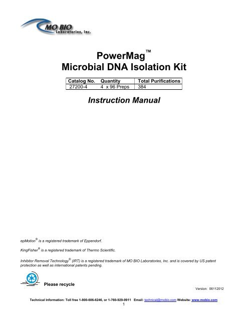 PowerMag Microbial DNA Isolation Kit - MO BIO Laboratories, Inc.