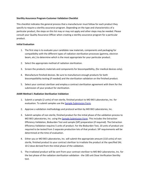 Sterility Assurance Program-Customer Validation Checklist - MO BIO ...