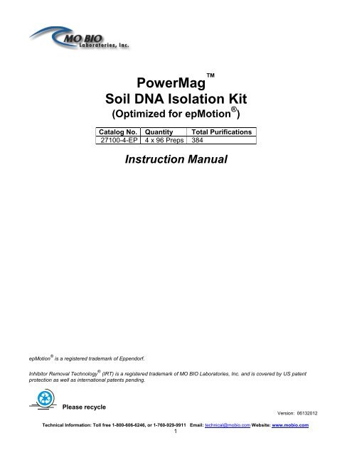 PowerMag Soil DNA Isolation Kit - MO BIO Laboratories, Inc.