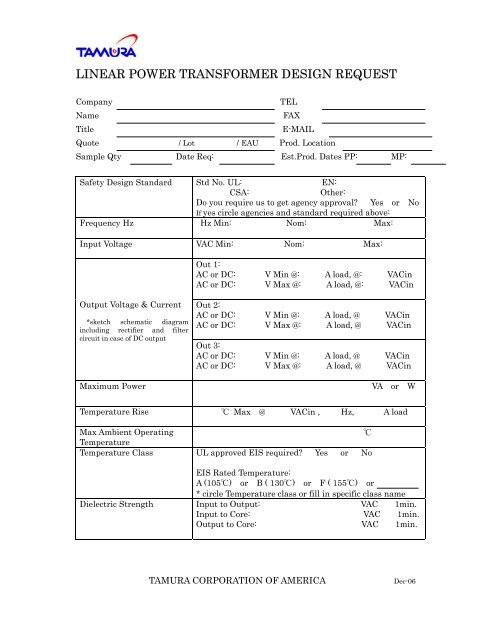 LINEAR POWER TRANSFORMER DESIGN REQUEST - Tamura