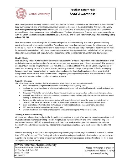 Lead Awareness Toolbox Talk - Environmental Health & Safety