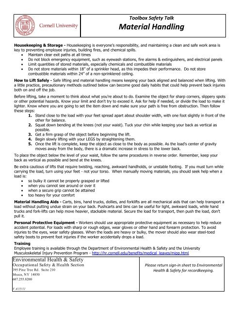 Material Handling toolbox talk - Environmental Health & Safety