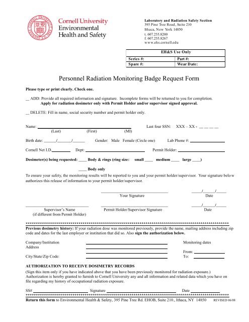 Dosimetry Badge Request Form - Environmental Health & Safety