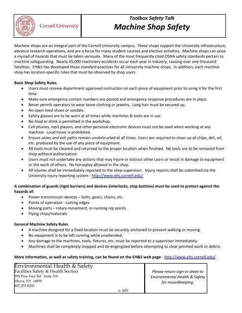 Machine Shop Safety Toolbox Talk - Environmental Health & Safety