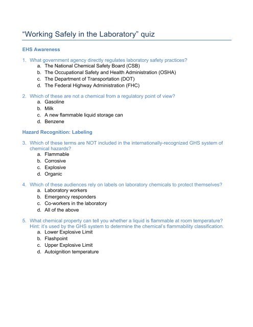 Working safe quiz chemical version - Environmental Health & Safety Working safe quiz chemical version - Environmental Health & Safety