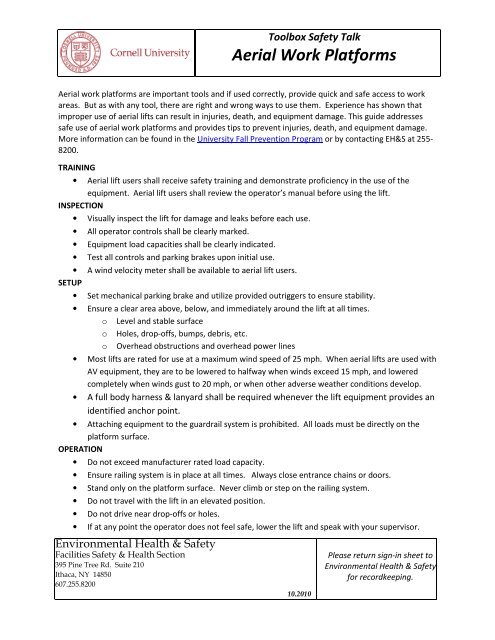 Aerial Work Platforms Toolbox Talk - Environmental Health & Safety