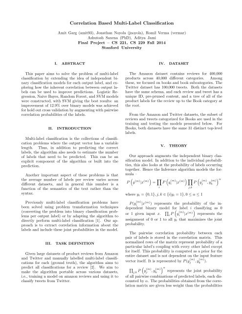 Correlation Based Multi-Label Classification Correlation Based Multi-Label Classification