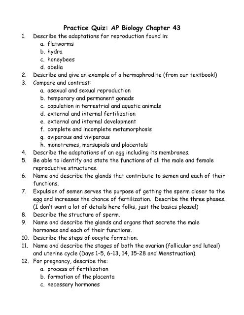 Practice Quiz: AP Biology Chapter 43