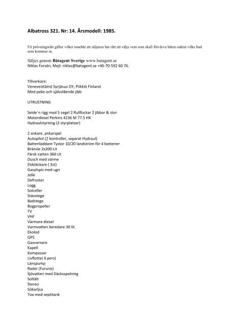 Albatross 321 utrustning - BÃ¥tagent Sverige