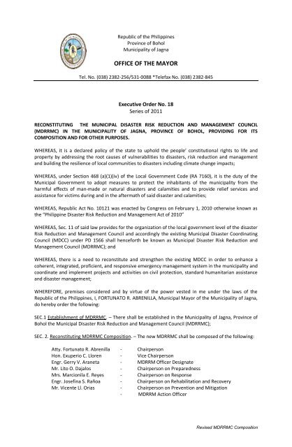 Executive Order creating MDRRMC, Composition, Office ... - Jagna
