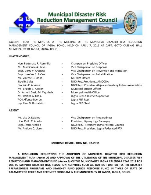 MDRRMC RESOLUTION NO. 02-2011 - Jagna