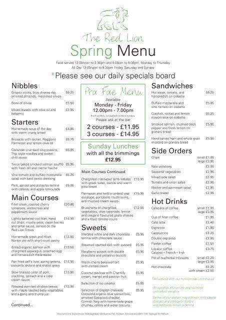 Spring Menu - The Red Lion, Long Compton