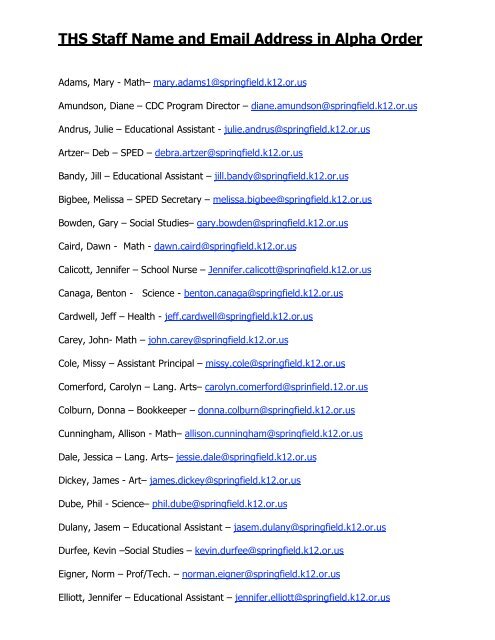 THS Staff Name and Email Address in Alpha Order