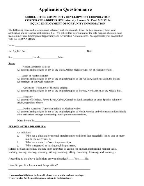 Application Questionnaire - Model Cities