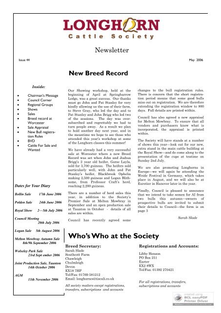 Newsletter No. 44: May 2006 - Longhorn Cattle Society
