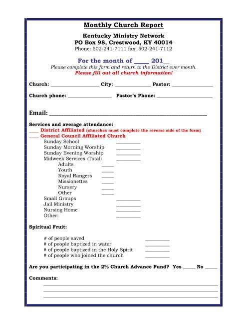 Monthly Church Report form here. - Kentucky District Council