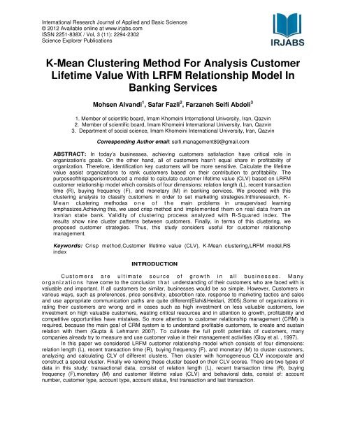 K-Mean Clustering Method For Analysis Customer ... - irjabs.com