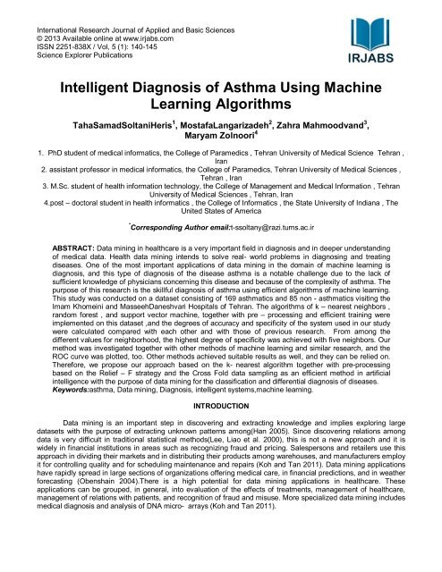 Intelligent Diagnosis of Asthma Using Machine Learning ... - irjabs