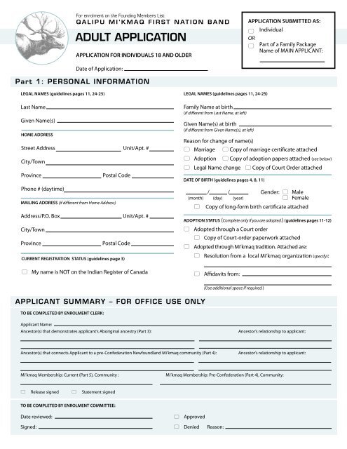 ADULT APPLICATION - Qalipu Mi'kmaq - First Nation Band